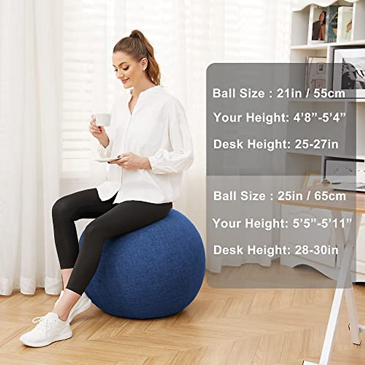 Exercise Ball Chair with Fabric Cover, Pilates Yoga Ball Chair for Home Office Desk, Pregnancy Ball & Balance Ball Seat to Relieve Back Pain, Improve Posture, Birthing Ball for Pregnancy (Blue)
