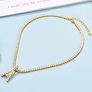 Suplight Tennis Chain Initial Necklace, Choker Chain with Pendant, Womens Bling Necklace, Cubic Zirconia CZ Micro Pave A-Z Alphabet Letter Necklaces for Women