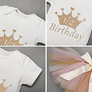My 1/2 1st Birthday Outfit Baby Girls Shiny Crown Romper + Ruffle Tulle Skirt + Sequins Crown Flower Headband Glitter Party Dress up 3PCS Photo Cake Smash Clothes Set Gold 1/2 Birthday 3-6 Months