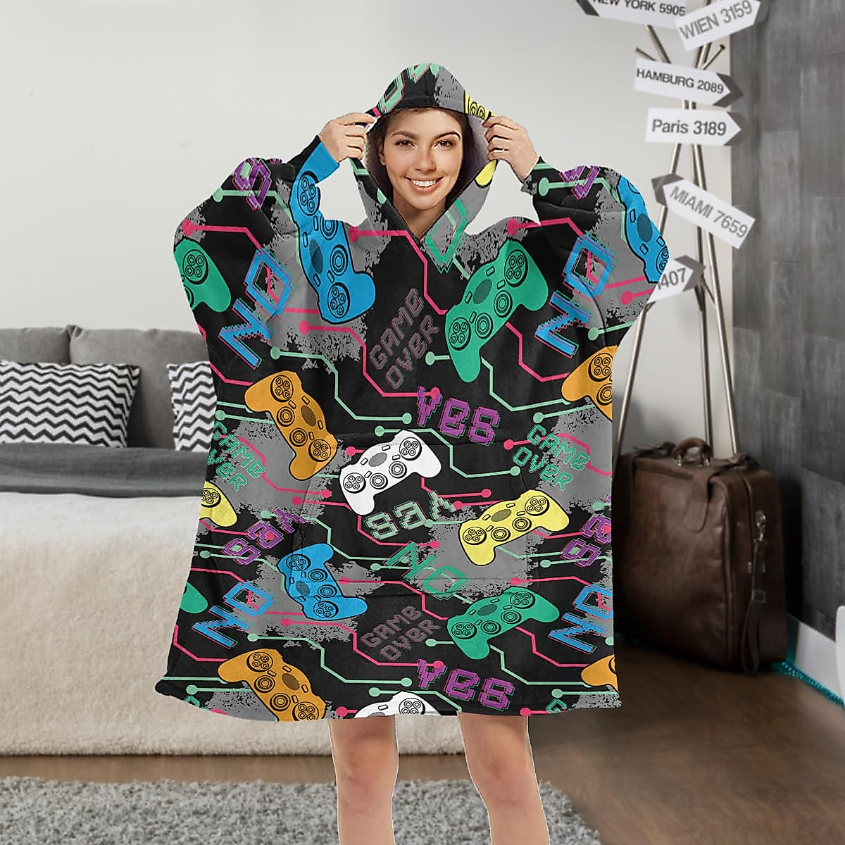 Sleepwish Gaming Wearable Blanket Modern Sweatshirt for Boys, Colorful Gamepad Blanket Hoodie with Sherpa for Teens, Youth, Boys, Girls (Adults 63" x 39")