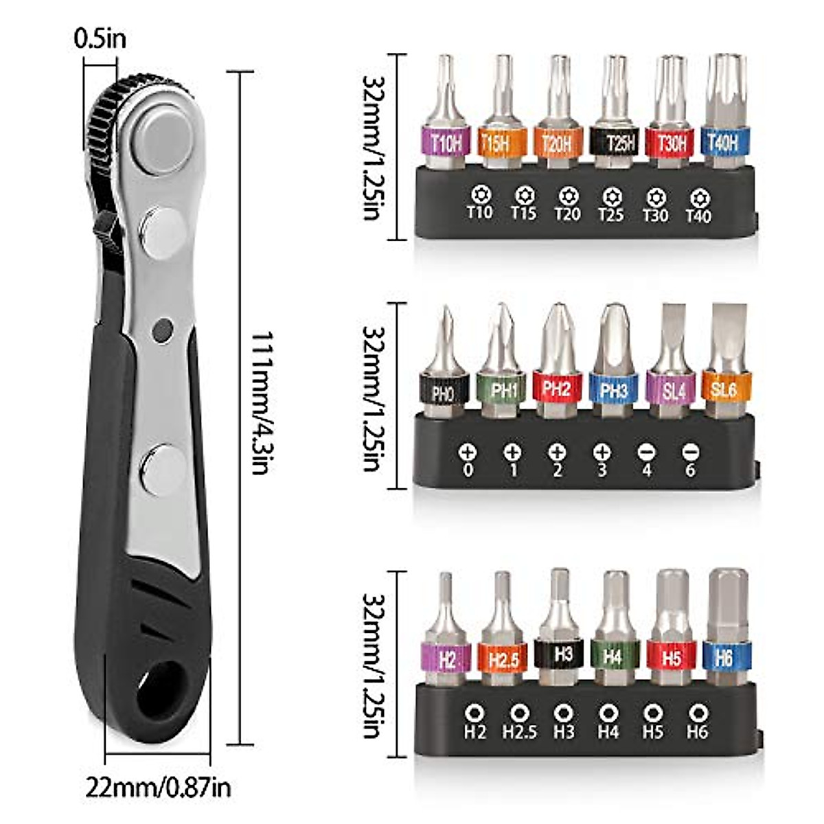 Tonsiki Right Angle Screwdriver 19PCS Mini Ratchet Set Low Profile Offset Screwdriver Bit Set 90 Degree Screwdriver with 36-Teeth Ratcheting Wrench for Tight Space