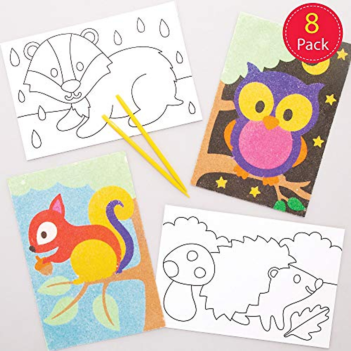 Baker Ross AW883 Woodland Animal Sand Art Pictures - Pack of 8, For Children to Decorate and Display, Ideal Kids Arts and Crafts Project, assorted