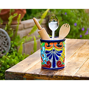 Enchanted Talavera Ceramic Large Utensil Holder Spatula Crock Kitchen Counter Organizer Mexican Pottery Utensils Tools Caddy Spoon Rest White Ceramic (Cobalt Large (7.5" H x 6" W)