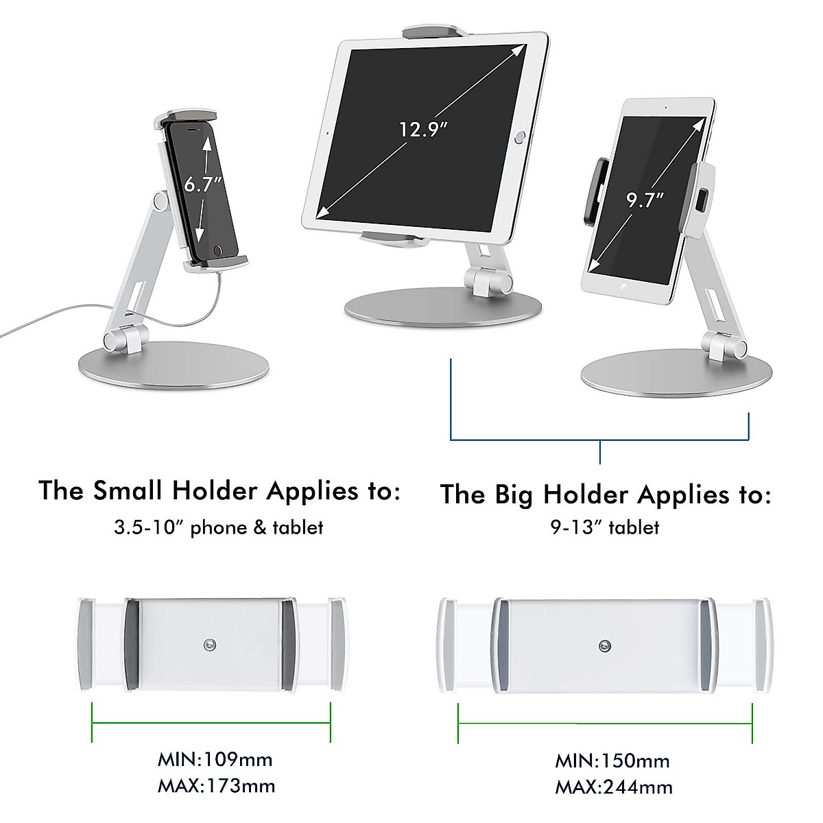 Viozon Tablet Stand and Holders with Adjustable Range and Height Aluminum Stand Compatible with iPad/iPad pro/ipad Mini/Cellphone/Kindle Desk Holder fits 3.5-13inches, 360° Swivel Adjustable Base