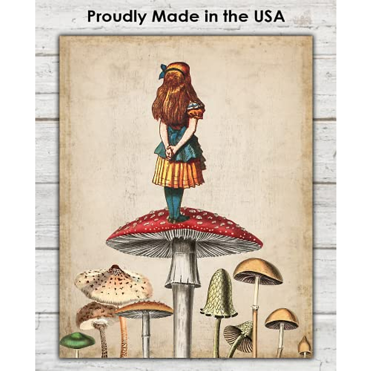 Whimsical Alice Atop Mushrooms Wall Art Print - 11x14 Unframed Picture For Home, Office, Classroom, Dorm, Living Room & Bedroom Decor - Creative Gift Idea For Alice Fans