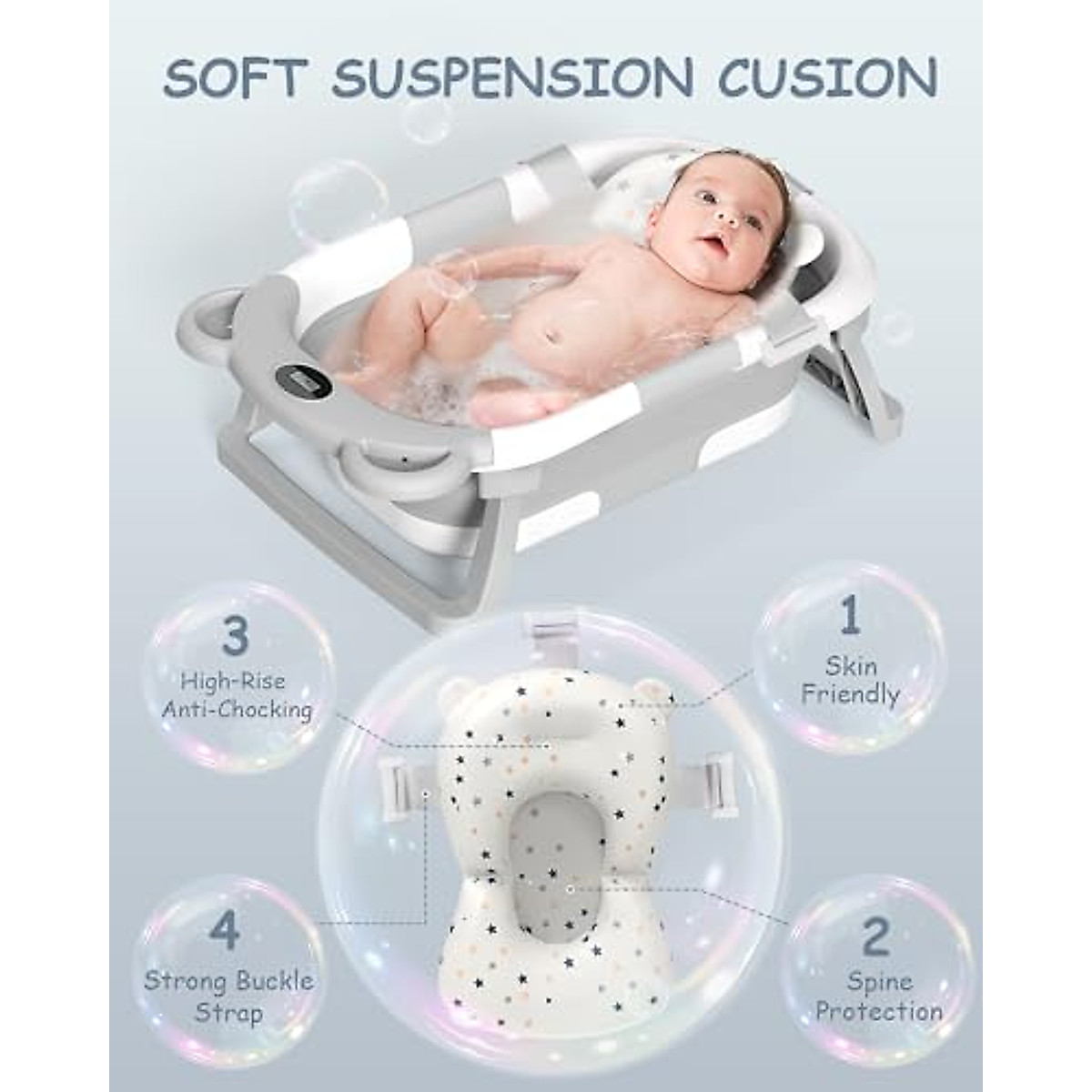 ieBabay Foldable Baby Bathtub Collapsible Bath tub for Newborn to Toddler with Soft Bath Cusion,Portable Travel Bathtub with Drain Hole,Easy to Store（Grey)