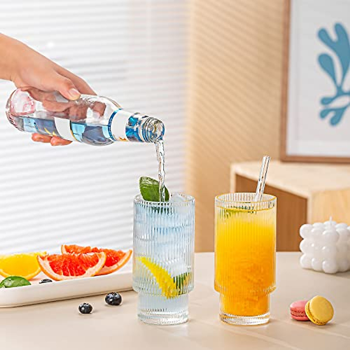 Claplante Drinking Glasses, Origami Style 6 pcs Glass Cups with straw, 11oz Highball Glasses, Elegant Ripple Vintage Glassware, Ribbed Glasses, Iced Coffee Glasses Ideal for Cocktail Whiskey, Juice