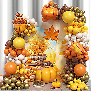 Fall Thanksgiving Balloon Arch Kit Orange Yellow Brown Balloons with Pumpkin Acorn Foil Balloons for Fall Thanksgiving Autumn Harvest Baby Shower Friendsgiving Turkey Party Decorations