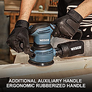 Power Random Orbital Sander, WESCO 3.2A Orbital Sander with Dust Bag 12 PCS Grit Velcro Sanding Papers, Six Variable Speed Control, 12000 RPM with Auxiliary Handle
