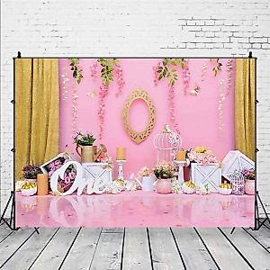 Girl 1st Birthday Photography Background Pink Floral Garden Girl Princess 1st Birthday Party Decorations Backdrop Pink Gold Girl First Birthday Party Backdrops One Year Old Cake Smash Banner (7X5FT)