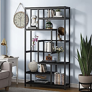 Tribesigns 8-Shelves Staggered Bookshelf, Rustic Industrial Etagere Bookcase for Office, Vintage Book Shelves Display Shelf Organizer for Home Garden (Black)
