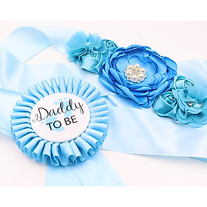 Sky Blue Maternity Sash & Daddy to be Corsage Set - Baby Shower Sash Baby Boy Pregnancy Sash Keepsake Baby Shower Flower Belly Belt