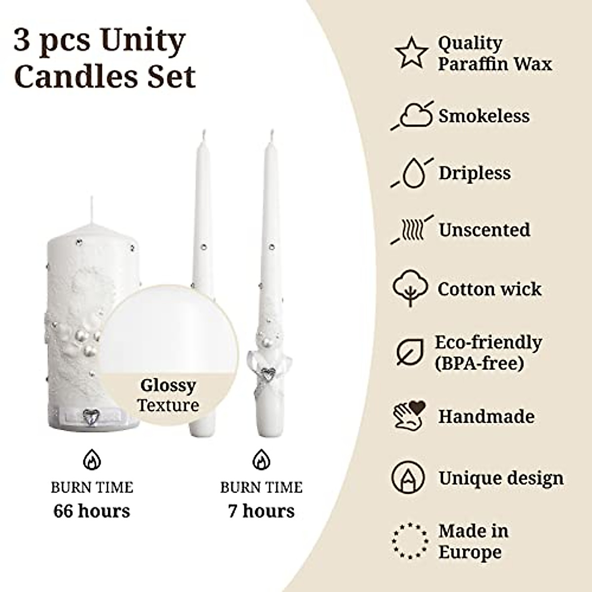 Unity Candles for Wedding Ceremony Set of 3 - Unity Decorative Wedding Candle - 6" Pillar and 2 10" Tapers Candles - Ceremonial Candles Wedding Table Centerpiece - Velas Decorativas para Boda