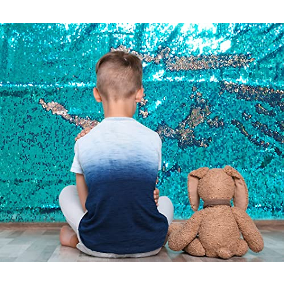 Sensory Wall Sequin Flip Fabric for Kids,2Yard Large Sequins Sensory Graffiti Fabric for Toddlers,Tactile Stimulation,Reversible Glitter Fabric (2 yd, Lake Blue + Silver)