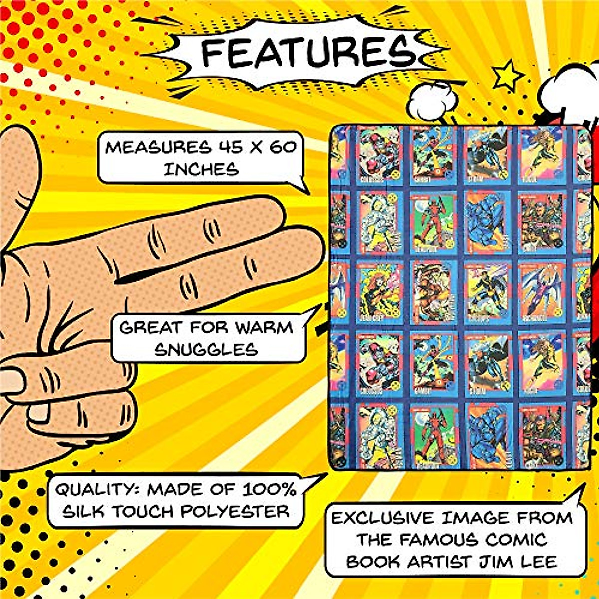 Marvel X-Men Characters Comic Cards Fleece Soft Throw Blanket| Measures 60 x 45 Inches