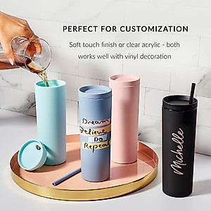 Maars Skinny Acrylic Tumbler with Lid and Straw | 18oz Premium Insulated Double Wall Plastic Reusable Cups - Matte Blush, 8 Pack