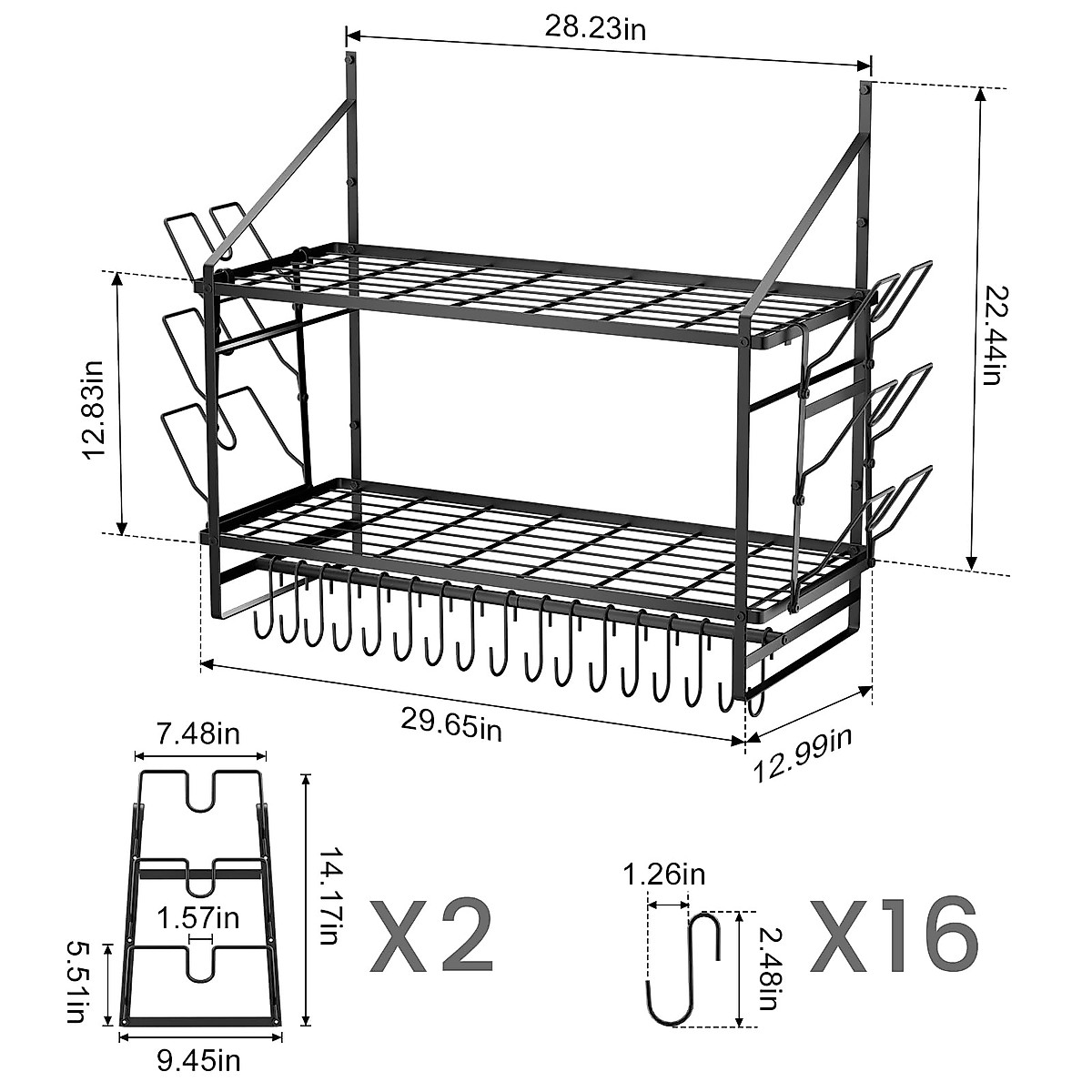HOYRR Hanging Pot Rack Wall Mounted,30 Inch Wall Hanging Pot Rack,Pot Hangers for Kitchen Wall Mount,Pot And Pan Hanger Side Piece with 2 Pieces Pans Lids Organizer,Wall Pot Rack Hanging Rod+16 Hooks