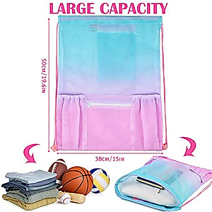 Nidoul Mesh Drawstring Bag with Zipper Pocket, Beach Bag for Swimming Gear Backpack Gym Storage Bag for Adult Kids (Pink Blue)