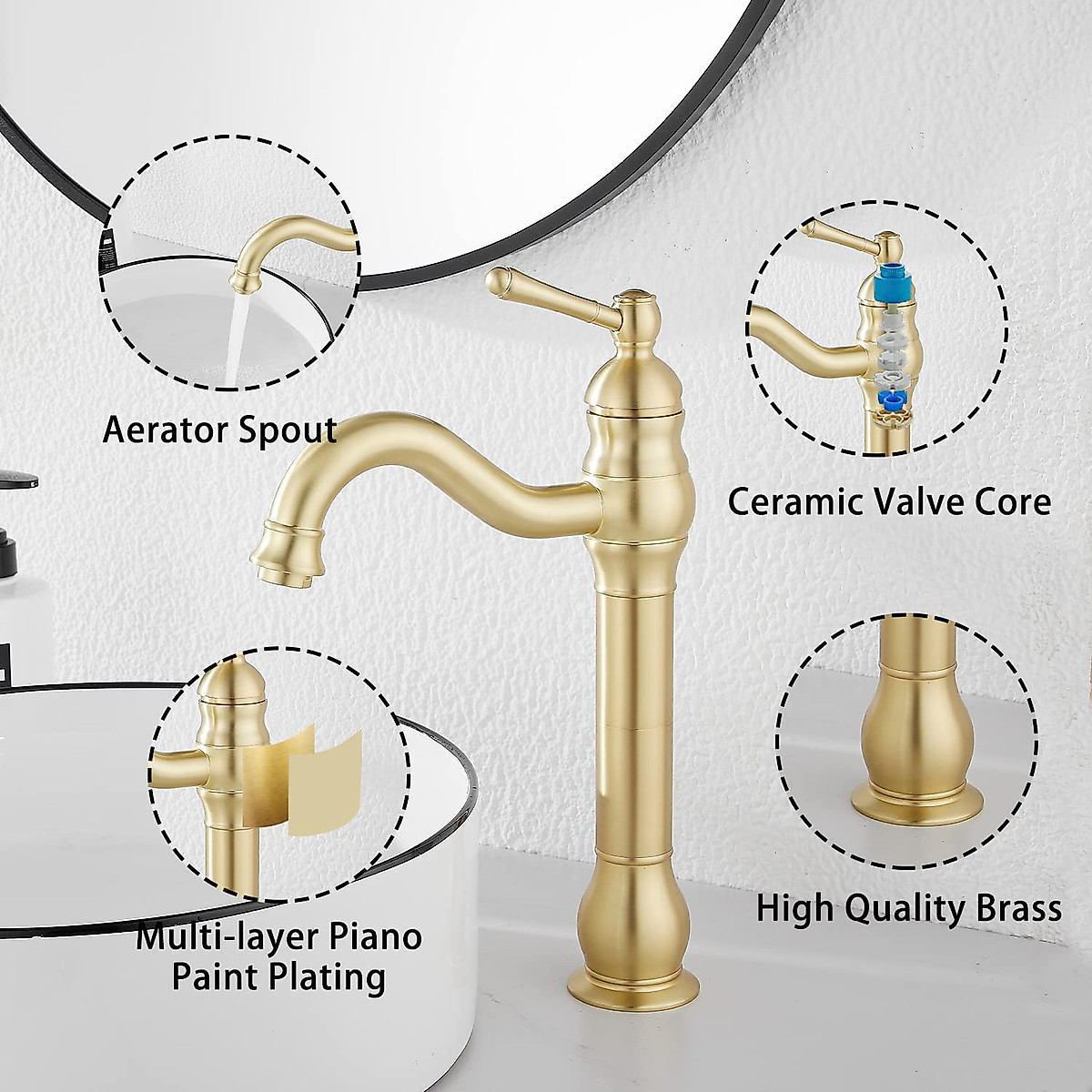 Bathroom Faucet GGStudy 360° Swivel Single-Handle One Hole Bathroom Vessel Sink Faucet Matching Pop Up Drain Brushed Gold Farmhouse Bathroom Vanity Faucet