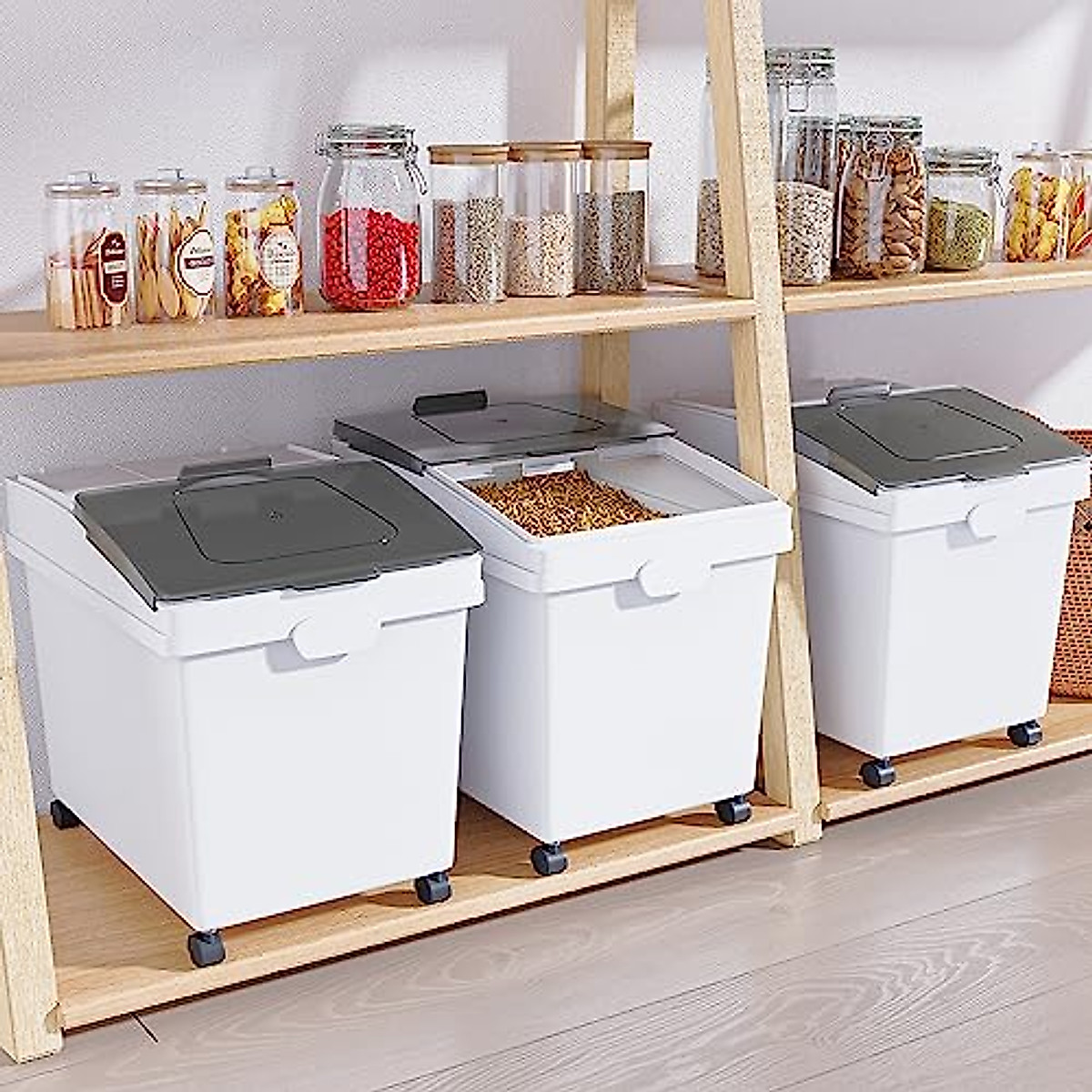 YITAHOME Ingredient Storage Bin, 31.5 Gallons(10.5 Gal x3 Pcs) Capacity Shelf Ingredient Bin, 750 Cups Flour Bins with Wheels Commercial Storage Bins with Black Clear Sliding Lid and Scoop, White