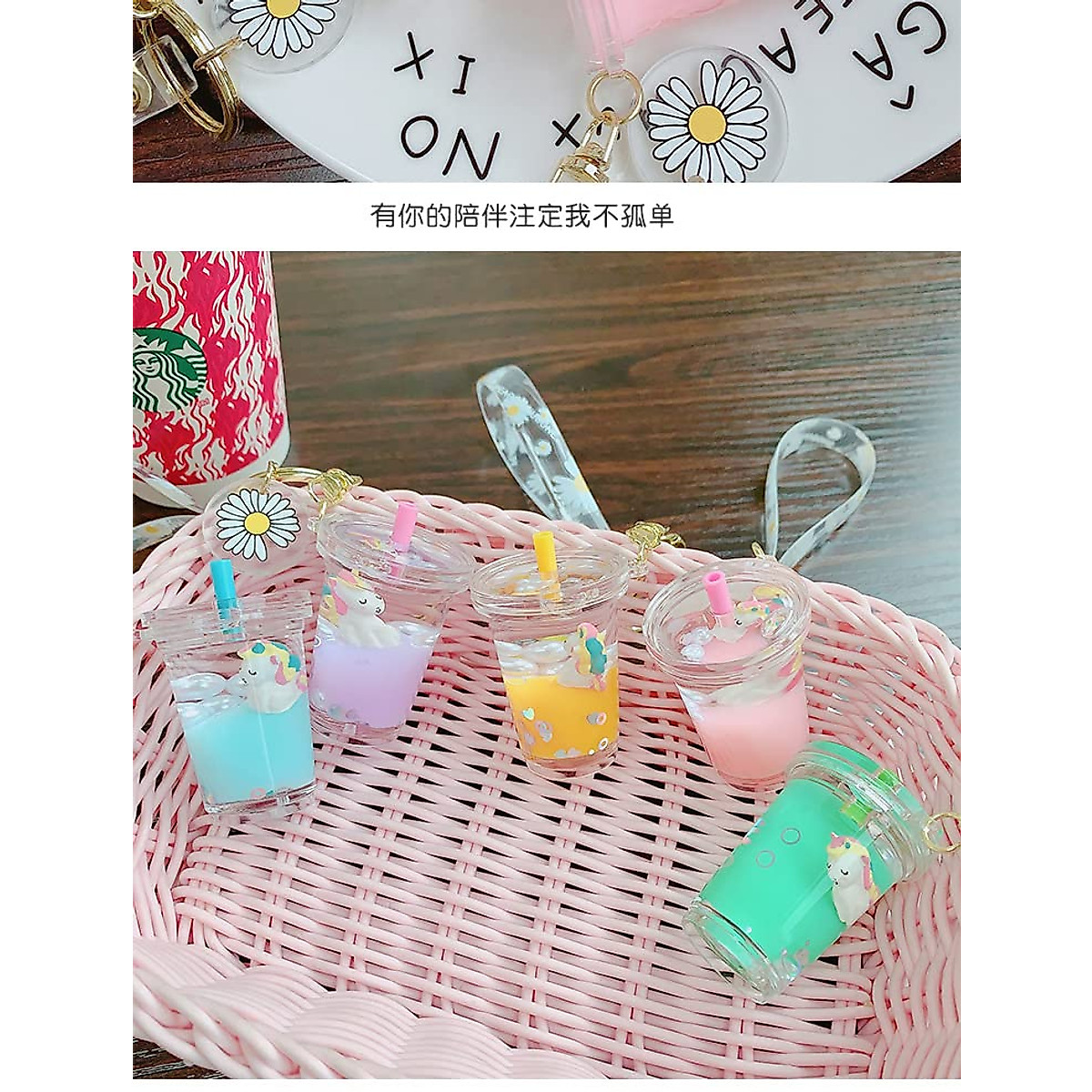 HSYHERE Girls Women Creative Beautiful Romantic Floating Unicorn Milk Tea Cup Keychain Keyrings, Moving Sand Help Relax Car Key Chain Key Ring Bag Pendant Key Holder Daisy Flower Strap Bell -Pink