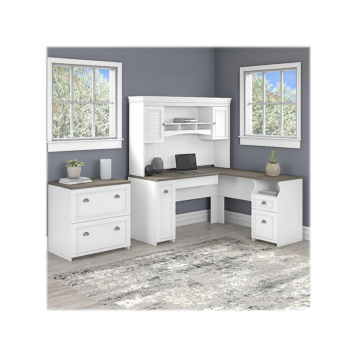 Bush FV003G2W 60-Inch L-Shaped Desk w/Hutch, Lateral File Cabinet Shiplap Gray/Pure White