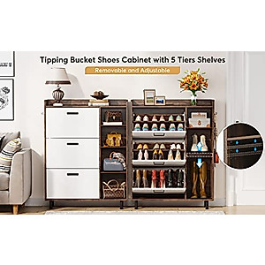 Tribesigns Flip Drawers Shoe Cabinet, Freestanding Tipping Bucket Shoes Cabinet Wooden Shoe Rack with 3 Flip Drawers and 5 Tiers Shelves, Shoes Cabinet Organizer for Entryway,Living Room (Brown&White)