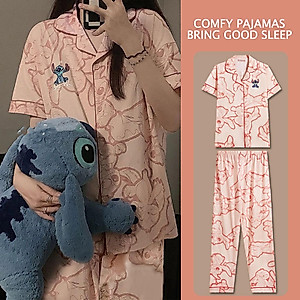 kwaya Women's Cotton Pajamas - 3Pcs Sets, Cute Cartoon Print Sleepwear - Soft Button Up Short Sleeve Shirt with Casual Long Pants & Short Lounge Sets Pink