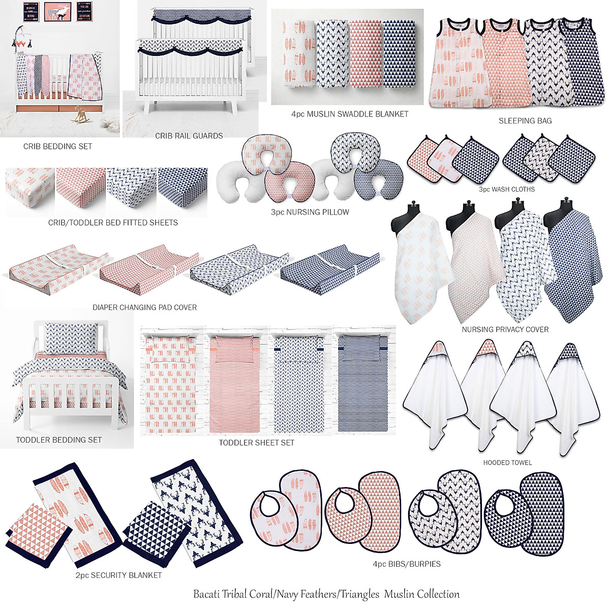 Bacati - 2 Pack Tribal/Aztec/Triangles Silky Soft Breathable 100% Cotton Muslin Baby Crib Fitted Sheets - Fits Standard 28 x 52 x 5 Crib & Toddler Mattresses (Navy Bucks)