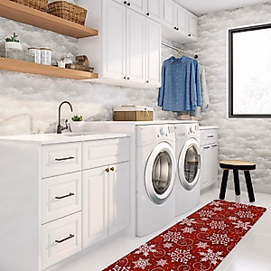 Briskdecor Kitchen Rugs - Winter Christmas Snowflake Red Cushioned Anti Fatigue Comfort Standing Kitchen Rugs for Floors, Non-Skid Waterproof Kitchen Mat, 20"x24"+20"x48"