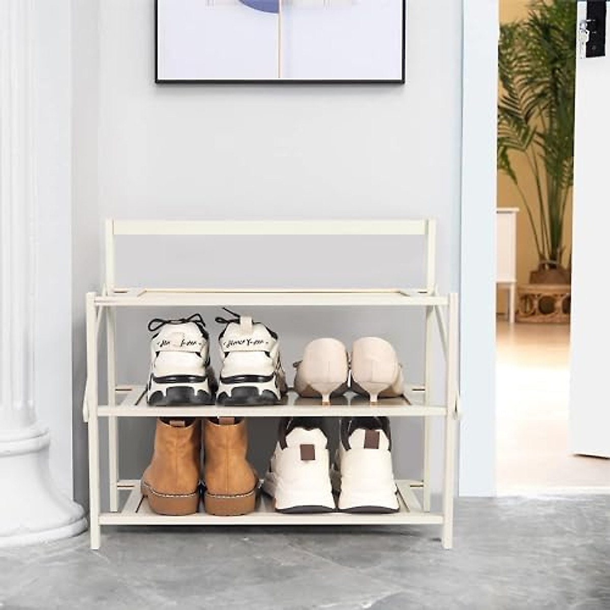 COMAX Folding Bamboo Shoe Rack for Entryway Small Space, Installation-Free Foldable Shoes Storage Organizer, Free Standing Three Shelf Shoe Stand for 6-9 Pairs, Small Shoe Rack 3 Tier 20 Inch Wide