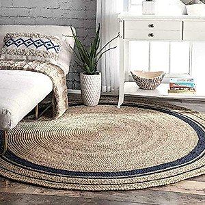 Vipanth Jute Rug Beige with Black Line Hand Braided Natural Jute Round Area Rug for Home Decor (8 Feet Round)