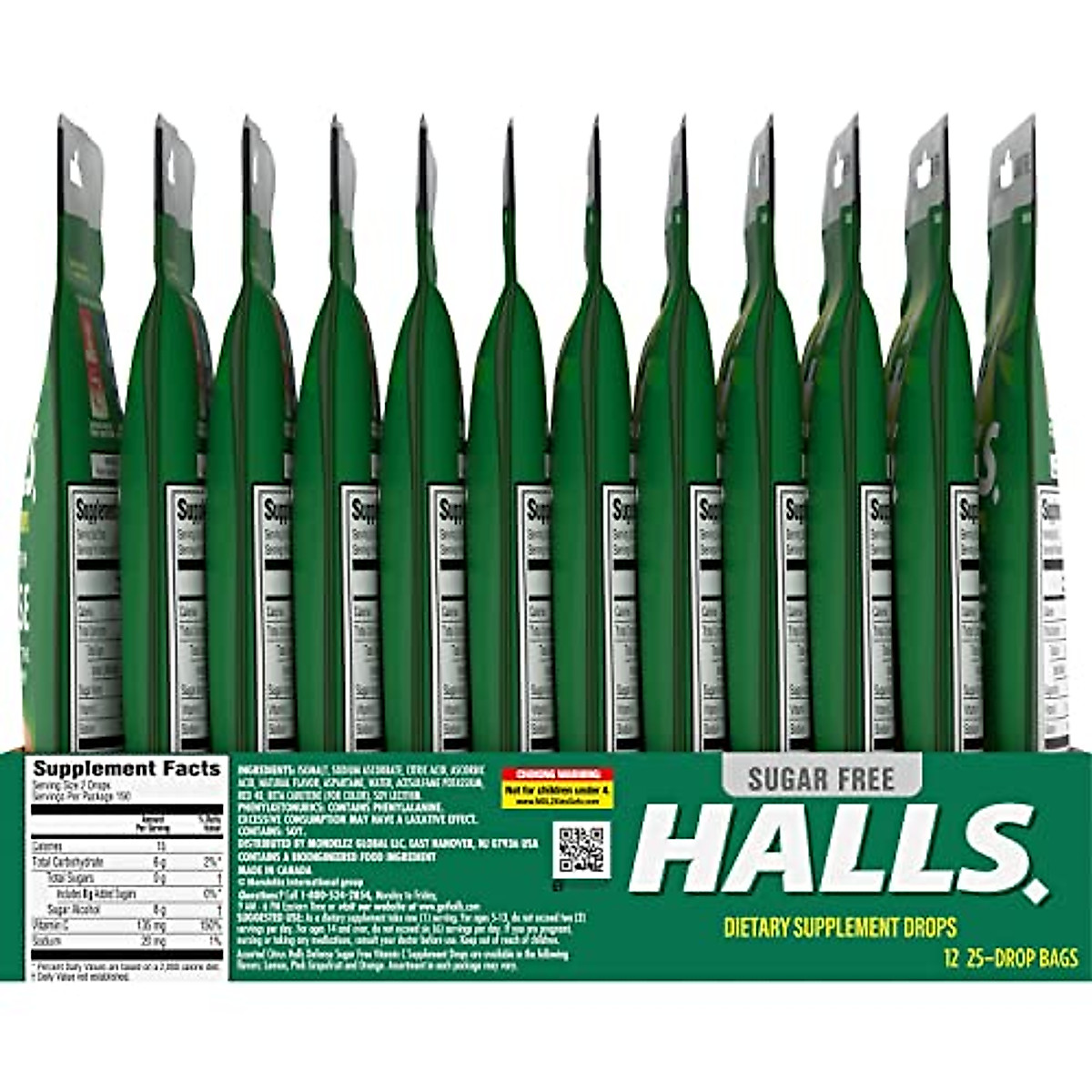 HALLS Defense Assorted Citrus Sugar Free Vitamin C Drops, Dietary Supplement Drops, 12 Bags of 25 Drops (300 Total Drops)