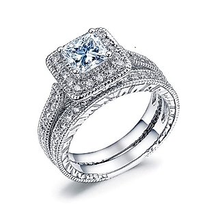KIOYDISE Wedding Band Sets for Him and Her Engagement Ring Set Square Rings Sterling Silver Sparkly Cubic Zirconia Wedding Band Bridal Set Stacking Valentines Gift (5)