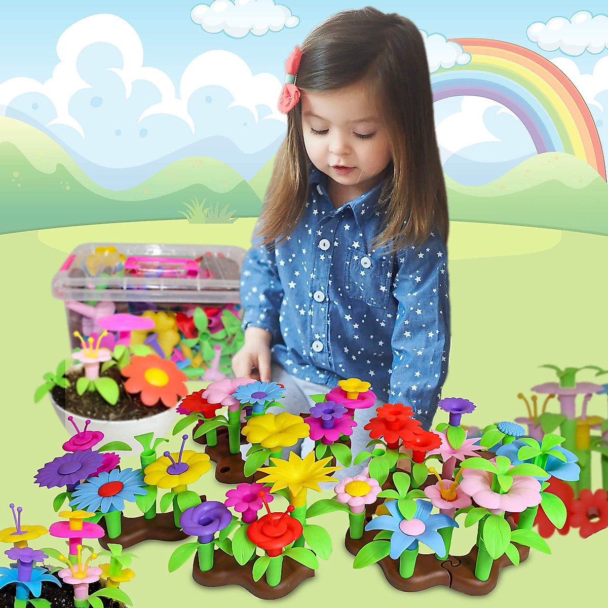 Liquidation! 105 Pcs Flower Garden Building Toys with Carrying Case and Watering Can, Build-A-Garden, Girls Gifts for Ages 3 4 5 6 7, Creative Toddler Stem Activities, Best Educational Kids Playset