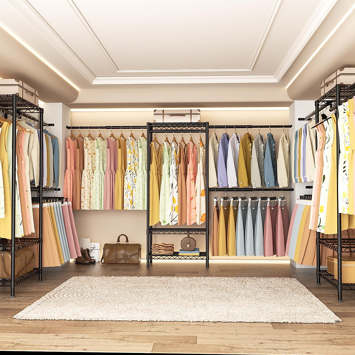 Golpart Closet Storage Organizer System,Expandable Wall Mounted Clothes Rack,3 Tiers Heavy Duty Metal Garment Rack with 3 Extendable Hanger Rods,Fits Space 5.7~8.8ft Width,76.77" H x 15.75" D