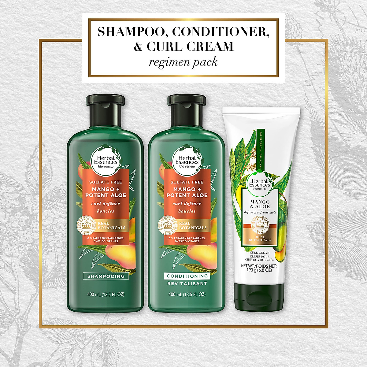 Herbal Essences bio:renew Sulfate Free Shampoo & Conditioner 13.5 Fl Oz each, and Curl Cream 6.8 Fl Oz Set â€šÃ„ì With Mango + Potent Aloe, Complete Curly Hair Care for Defined Curls