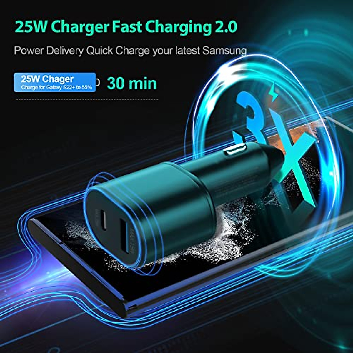 Samsung 25W USB C Car Charger, PD&QC3.0 Dual Port Compatible Car Charger with 5ft Type C Cable for Samsung Galaxy S23/S23 Ultra/S23 Plus/S22/S22 Ultra/S22+/S21/S21+/S21 Ultra/S20/S20+/Note 20/Note 10