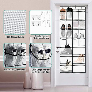 Over the Door Shoe Organizer, Hanging Shoe Rack, Back Door Shoe Storage Organizer wtih 2 Style Sturdy Breathable Ventilated Visible Mesh Pockets and 2 Style Hooks for Nursery, Bedroom, Living Room