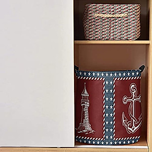 Laundry Baskets with Handles,Nautical Theme Independence Day Waterproof Freestanding Laundry Hamper,Round Collapsible Hampers for Laundry,Clothes,Toys,Lighthouse Anchor Sailboat Rudder,16.5x17inch