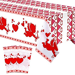 3 Pack Valentine's Day Tablecloth Disposable Thick Valentines Day Table Cover Plastic Rectangular Red Heart Tablecloths Valentines Day Party Supplies Wedding Anniversary Birthday Decor (54 x 87 Inch)