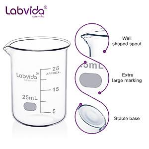 Labvida 24pcs of Low Form Glass Beakers, 3.3 Borosilicate with Printed Graduation, Vol.25ml,LVA037