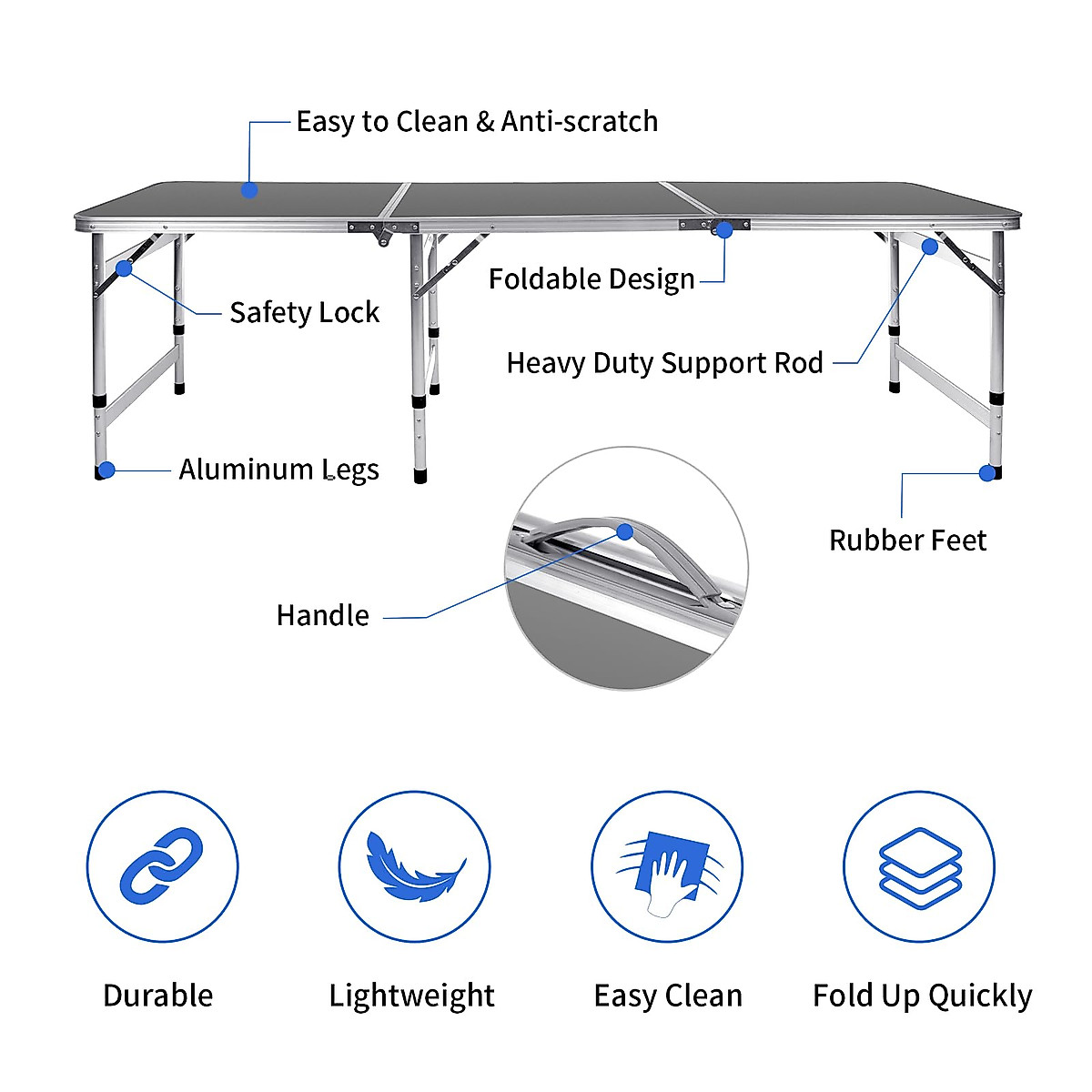 Moosinily 6 Ft Folding Table Adjustable Height Camping Table Aluminum Portable Table with Handle Tri-fold Outdoor Table Picnic BBQ Party Black