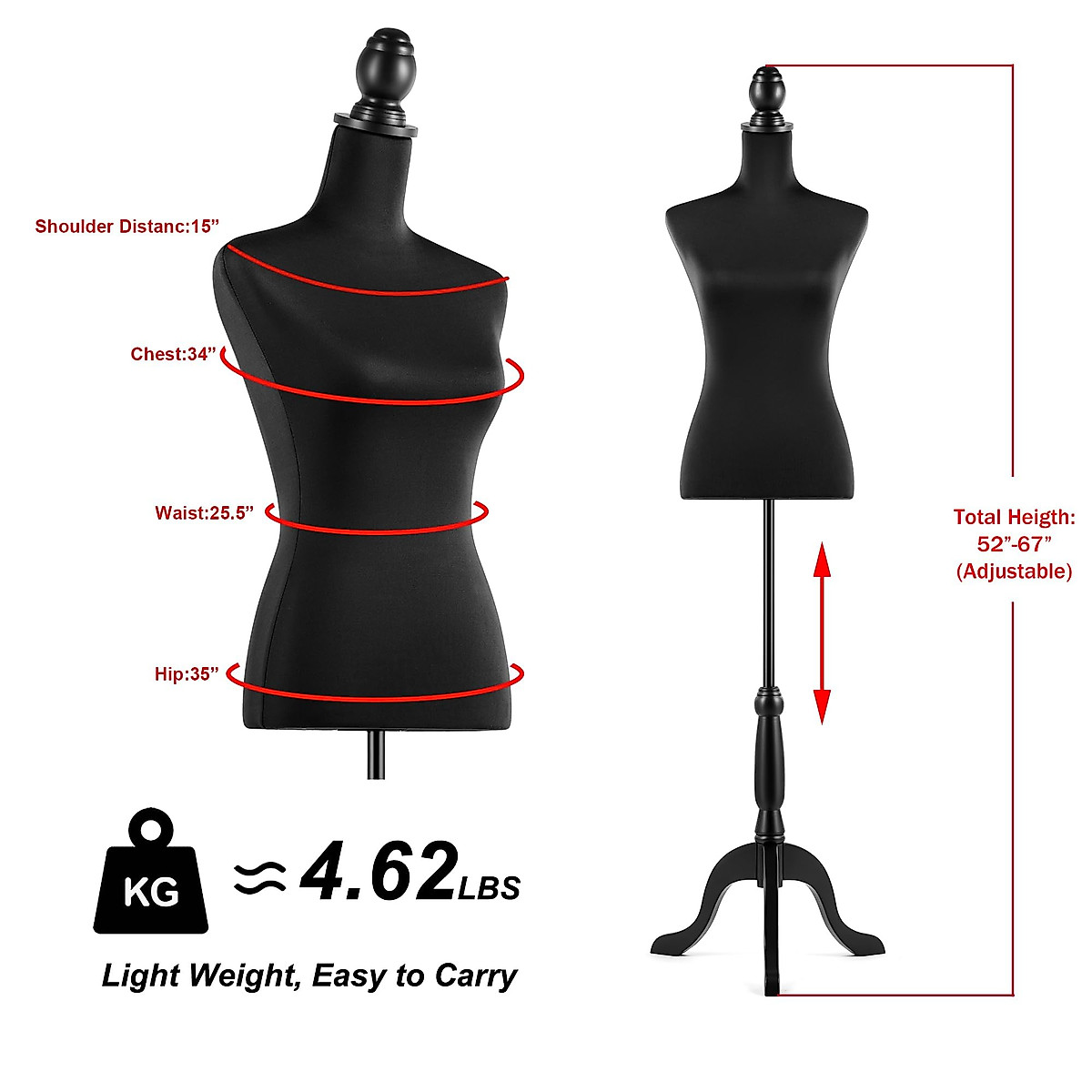 HAORUI Dress Form Mannequin Torso with Adjustable Tripod Stand, Pinnable Female Mannequin Body Manikin for Sewing, Dressmaker, Home Decor, Jewelry Display (Black)