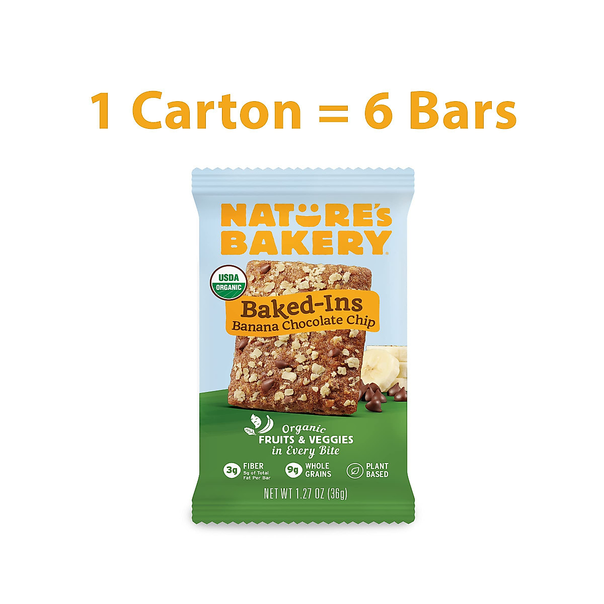 Nature's Bakery Baked-Ins Bars Banana Chocolate Chip, Organic Fruits & Veggies, Vegan, Non-GMO, Organic Snack, 1 box With 6 Packs