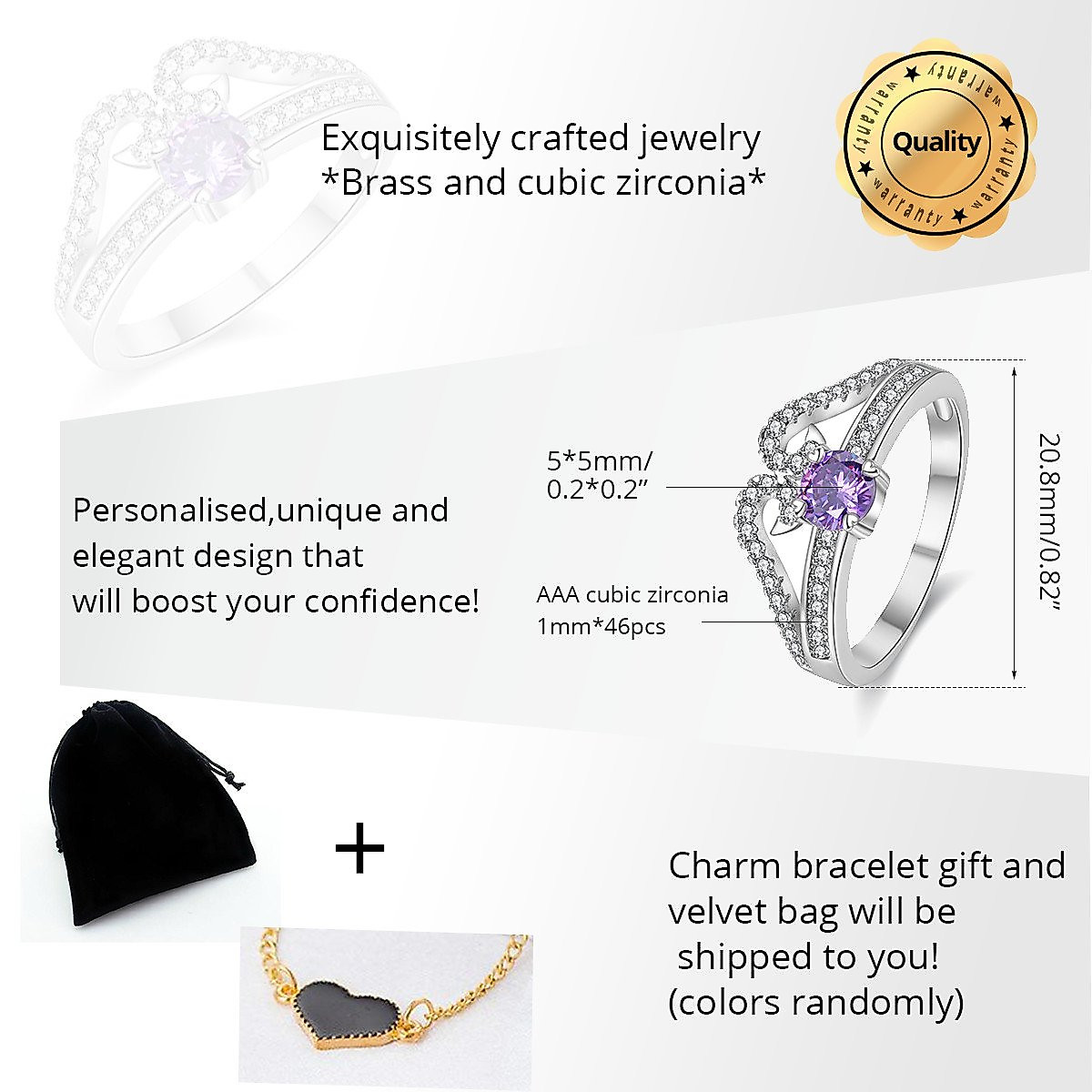 Uloveido Women's Fashion White Gold Plated Queen Crown Ring with Purple CZ Crystal, Girls Bridal Princess Tiara Ring for Women (size 7) Y2867