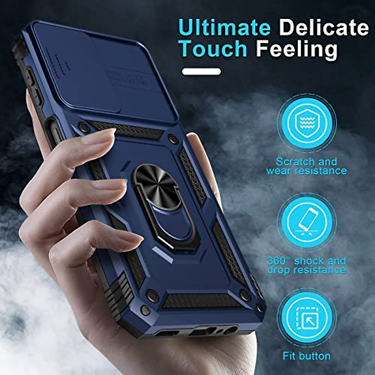 Janmitta Samsung Galaxy A14 5G Case Built in Slide Camera Lens Cover and Screen Protector,Heavy Duty Shockproof Full Body Protective Phone Cover,Built in Finger Ring Stable Holder Kickstand,2023 Blue