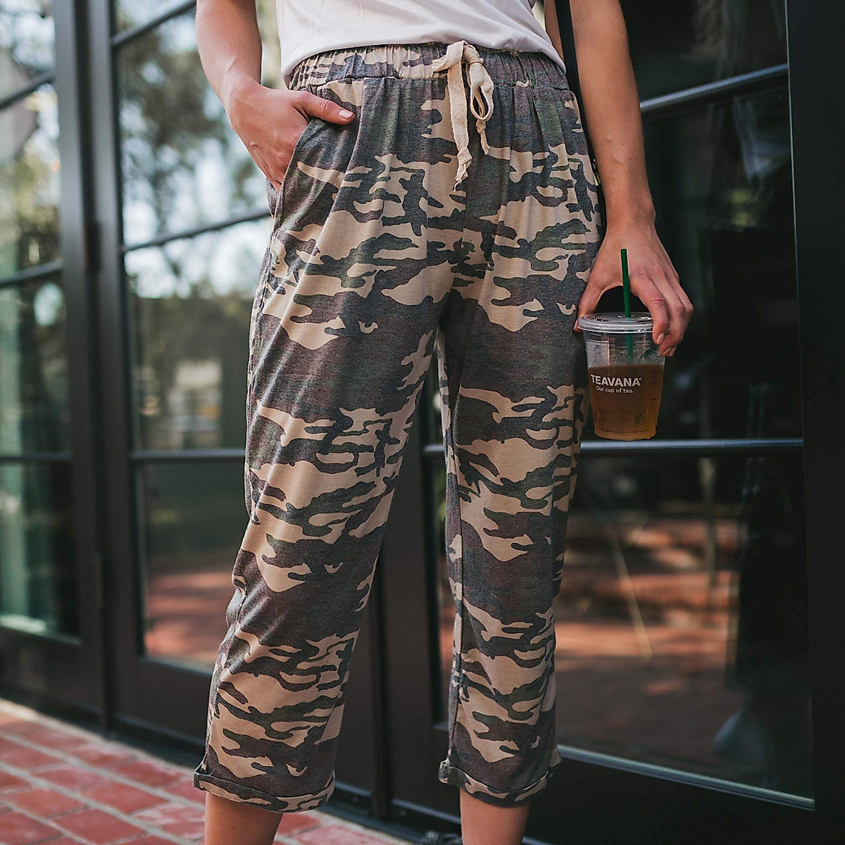 Amaryllis Apparel Women's Muted Camo Elastic Waist Breathable Linen Blend Pants | 100% Cotton
