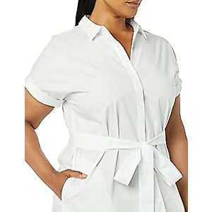 Amazon Essentials Women's Relaxed Fit Short Sleeve Button Front Belted Shirt Dress, White, Large