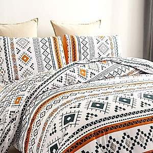 Gafance 3Pcs Aztec Geometric Pattern Duvet Cover Full Set, Folk Style White & Orange Bed Linen, Ultra Soft Comforter Cover with Zipper Closure, Farmhouse Quilt Cover 78 X 90 inches & 2 Pillow Shams